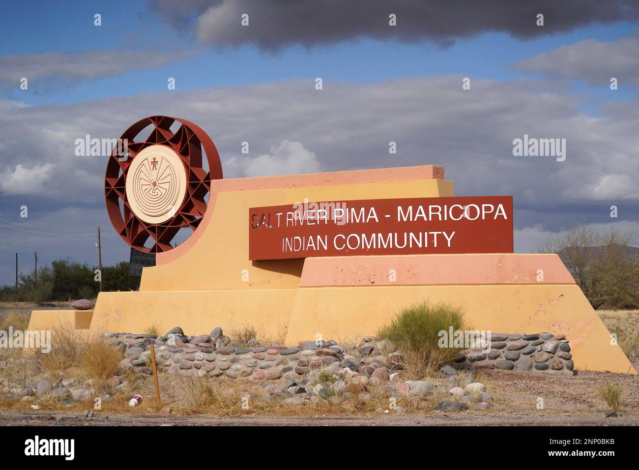 A Salt River Pima–Maricopa Indian Community sign near Salt River Fields ...
