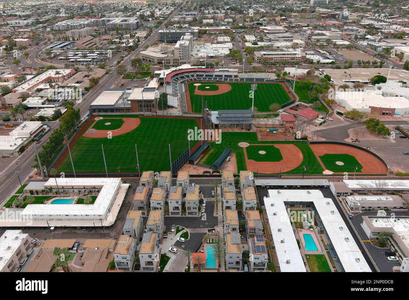 An aerial view of Scottsdale Stadium and practice fields, Tuesday, Jan ...