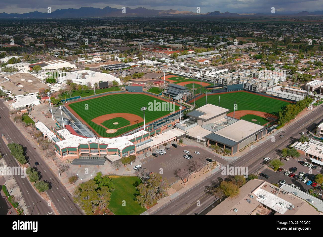 An aerial view of Scottsdale Stadium and practice fields, Tuesday, Jan ...
