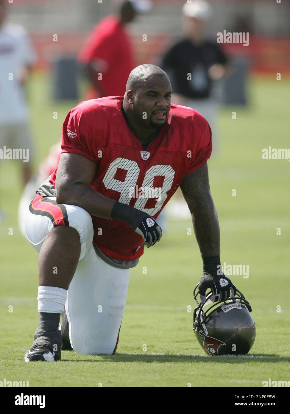 01 AUG 2009: Buccaneer defensive lineman Ryan Sims takes a break during ...