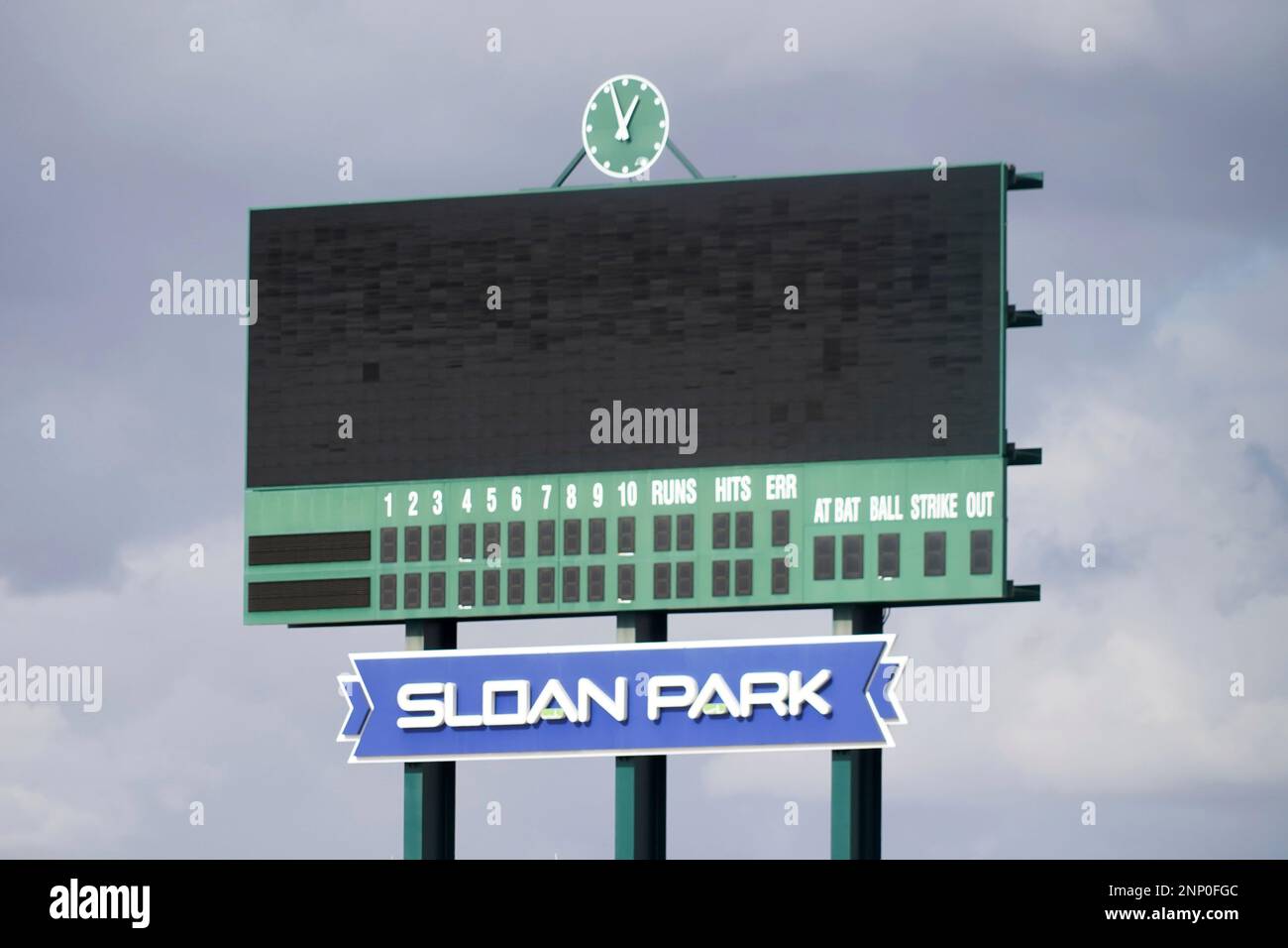 The Sloan Park scoreboard, Tuesday, Jan. 26, 2021, in Mesa, Ariz. The ...