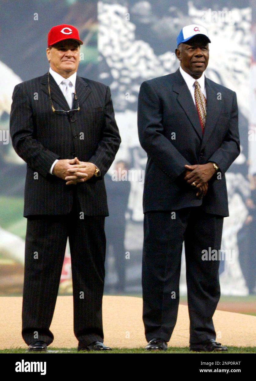 Hall of Fame and former Milwaukee and Atlanta Brave Hank Aaron, right ...