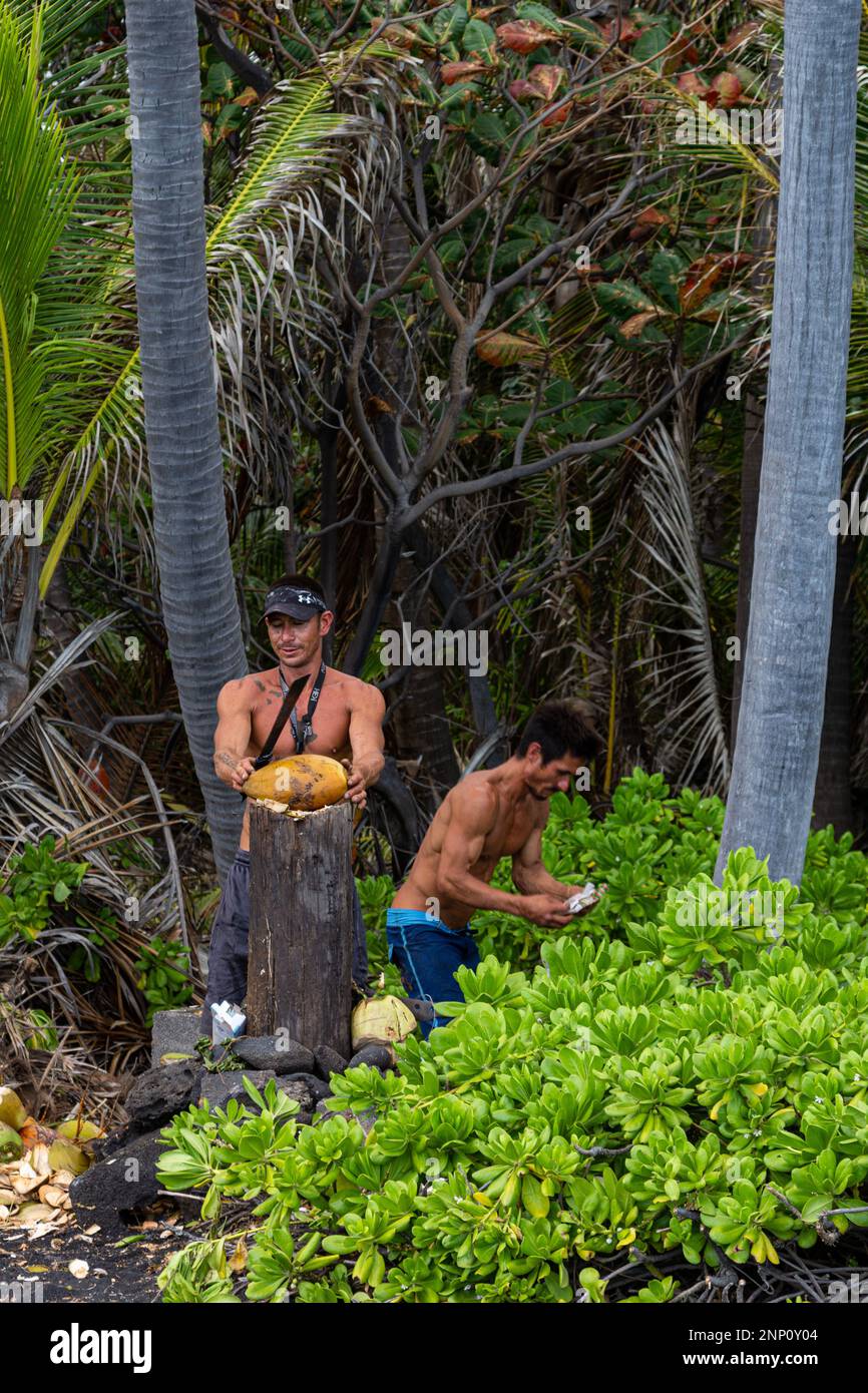 Coconut Vendors at Punaluu Black Sand Beach - one of the most famous ...