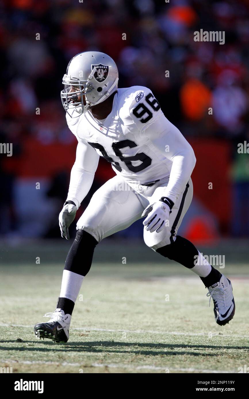 02 January 2011: Raiders linebacker Kamerion Wimbley reacts to the play ...