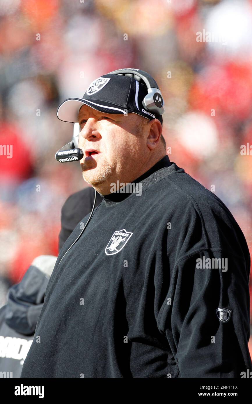02 January 2011: Raiders head coach Tom Cable looks up at the stadium ...