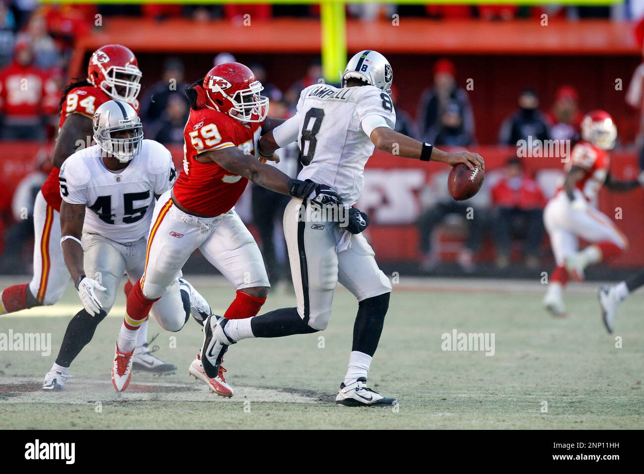 02 January 2011: Chiefs linebacker Jovan Belcher tackling Raiders ...