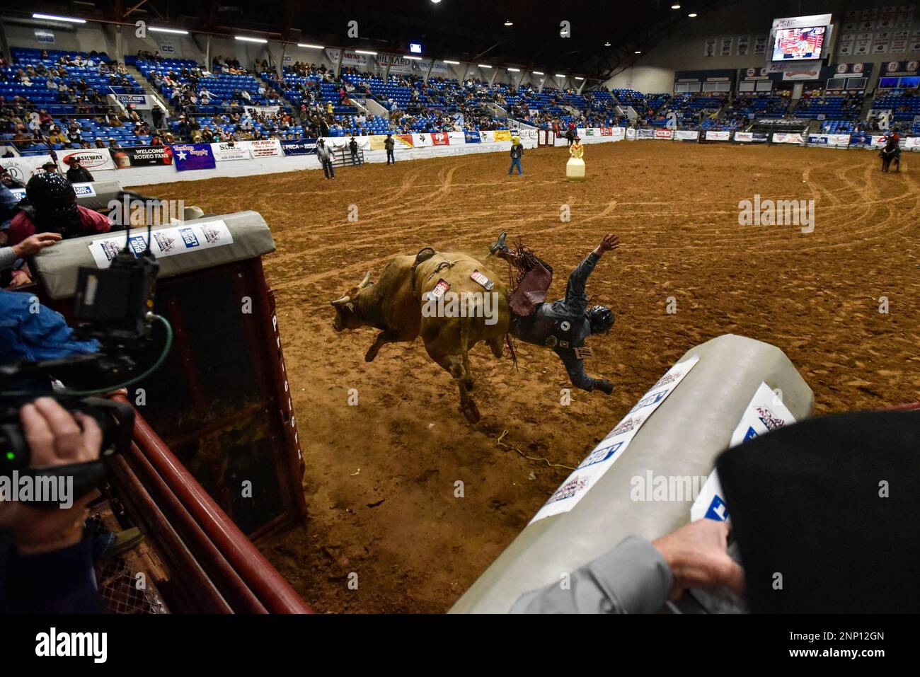 Dillon James Tyner of Eaton, Colo. is bucked off of his bull shortly ...