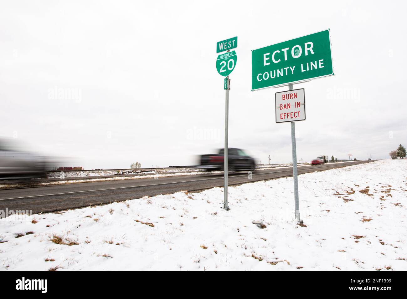 Snow is seen at the Ector County line on Business 20 between Odessa and ...