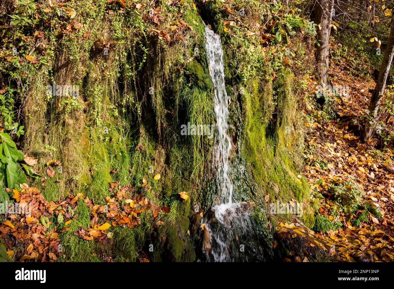 A picturesque small Raduzhnyi waterfall in the suburbs against the ...