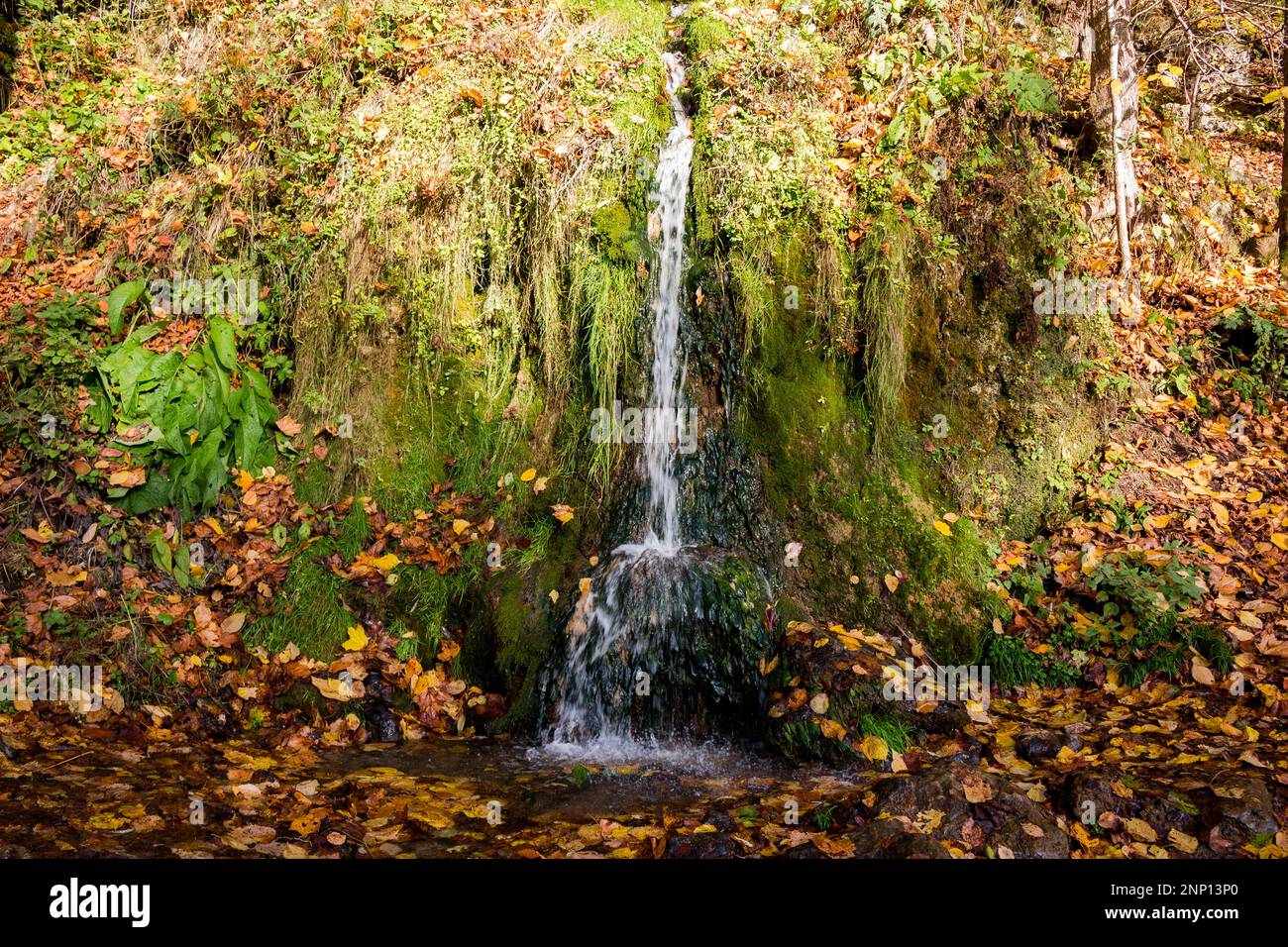A picturesque small Raduzhnyi waterfall in the suburbs against the ...