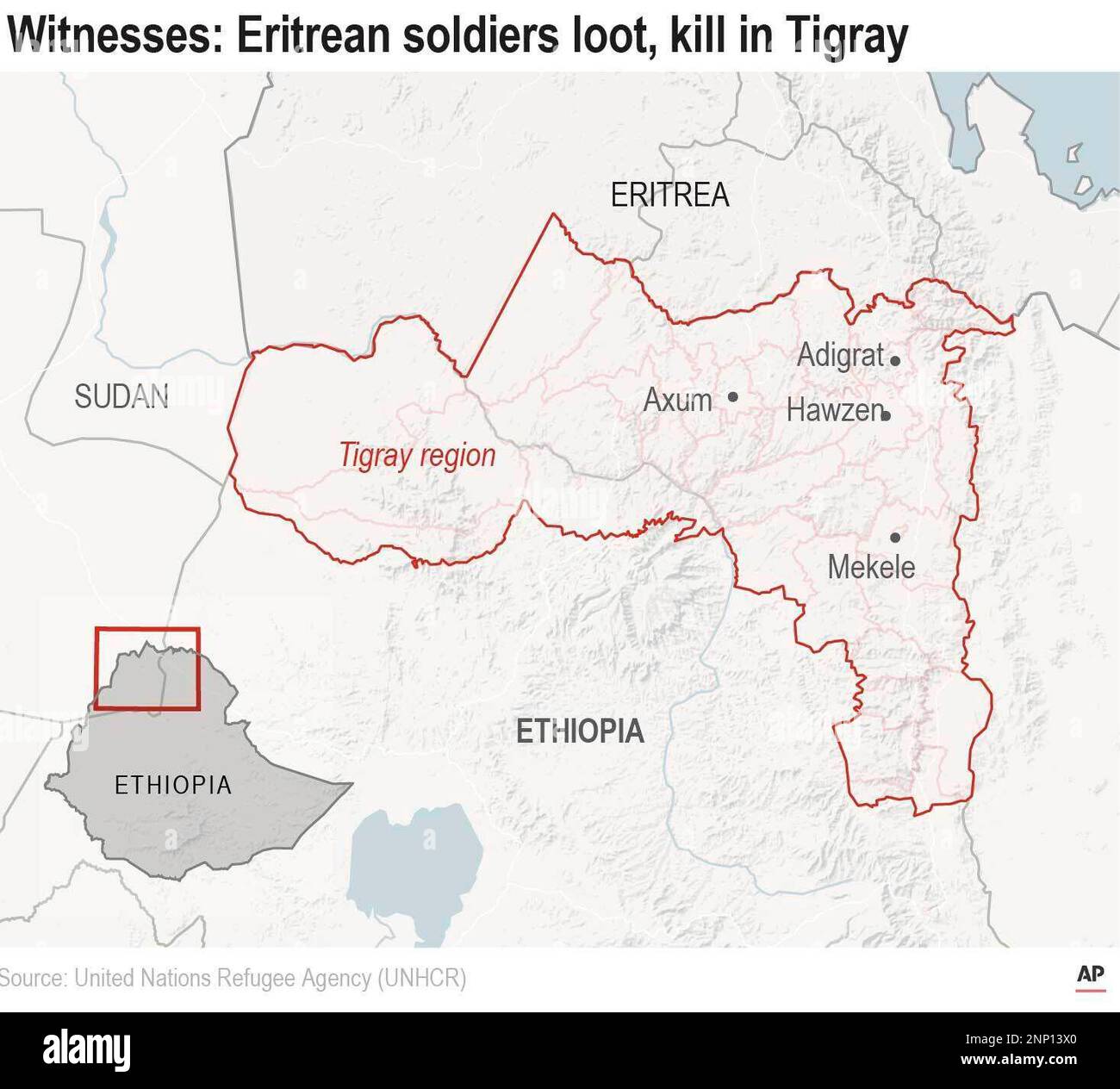 Map locates key cities in Ethiopia's Tigray region. Millions of Tigray ...