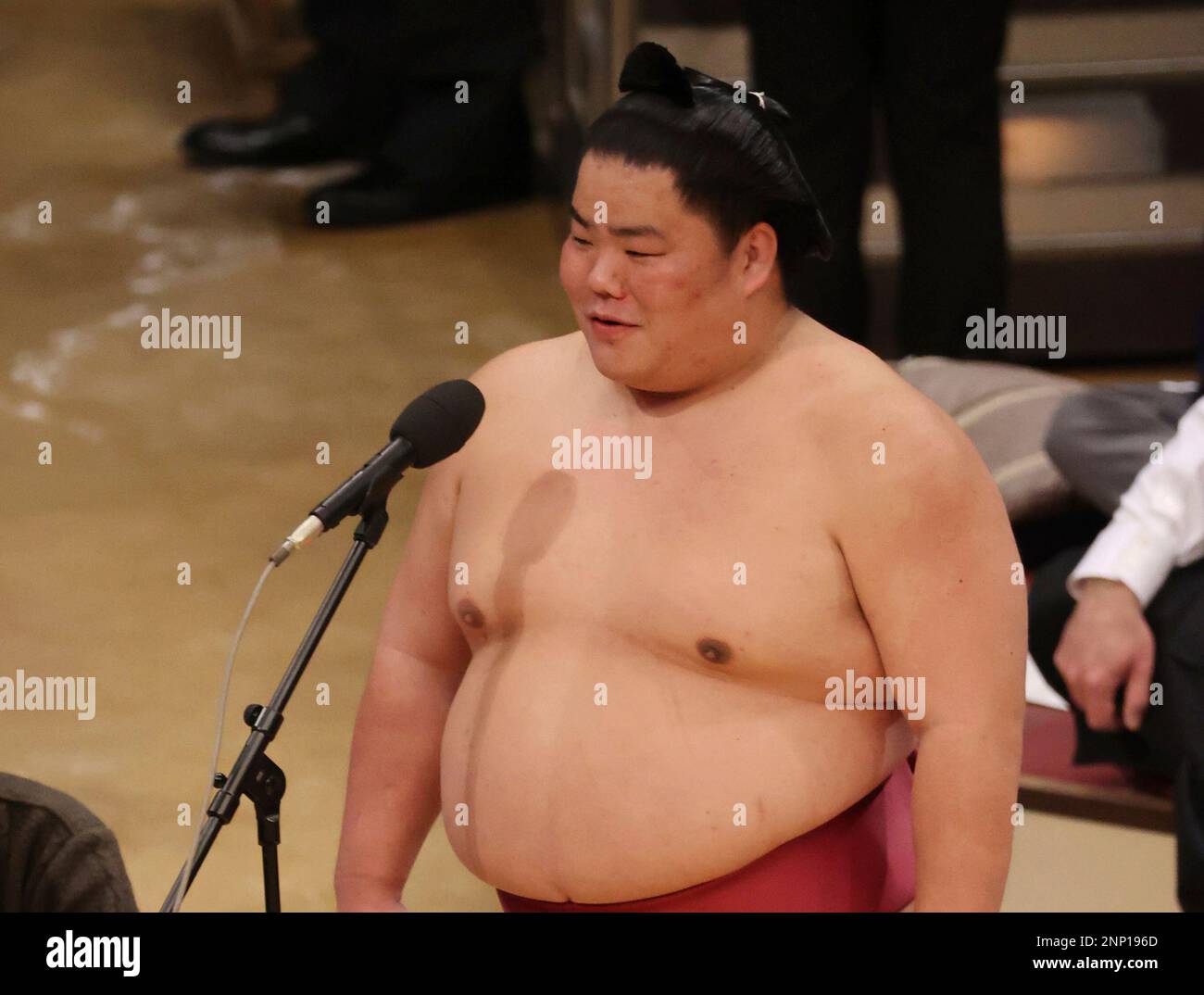 Maegashira #1 Daieisho speaks during an interview after claiming the ...