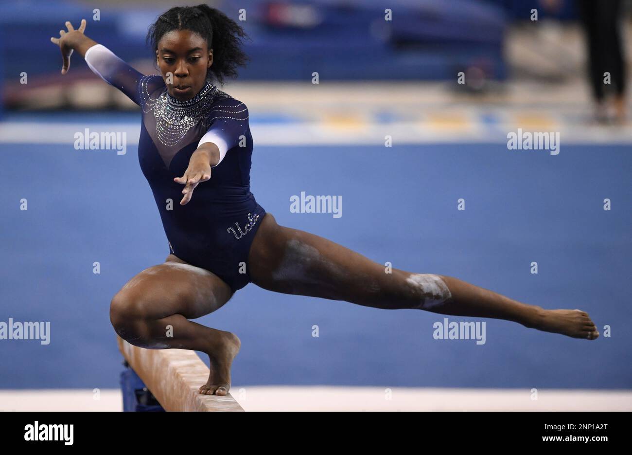 UCLA gymnast Chae Campbell competes on the balance beam against Arizona ...