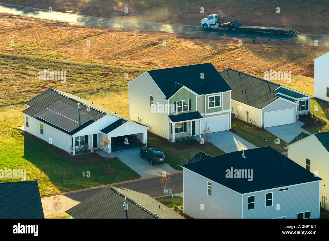 View from above of densely built residential houses in living area in ...