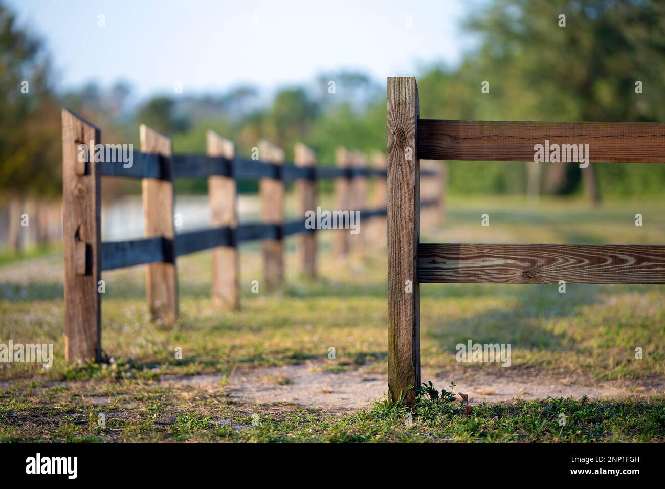 Wooden fence barrier at farm grounds for cattle and territory ...