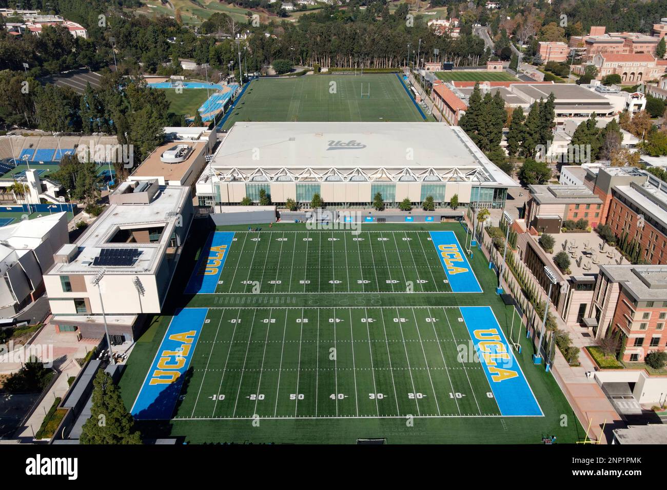 An aerial view of Spaudling Field and the Wasserman Football Center ...