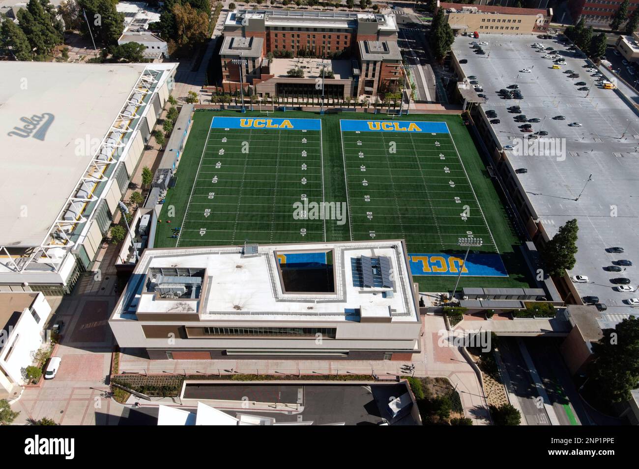 An aerial view of Spaudling Field and the Wasserman Football Center on ...