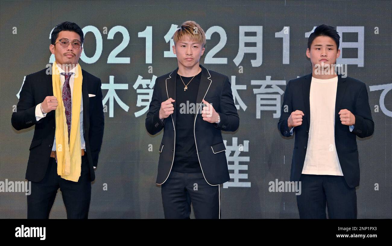 (L-R) Sho Kimura, Naoya Inoue, Hiroto Kyoguchi attend a press ...