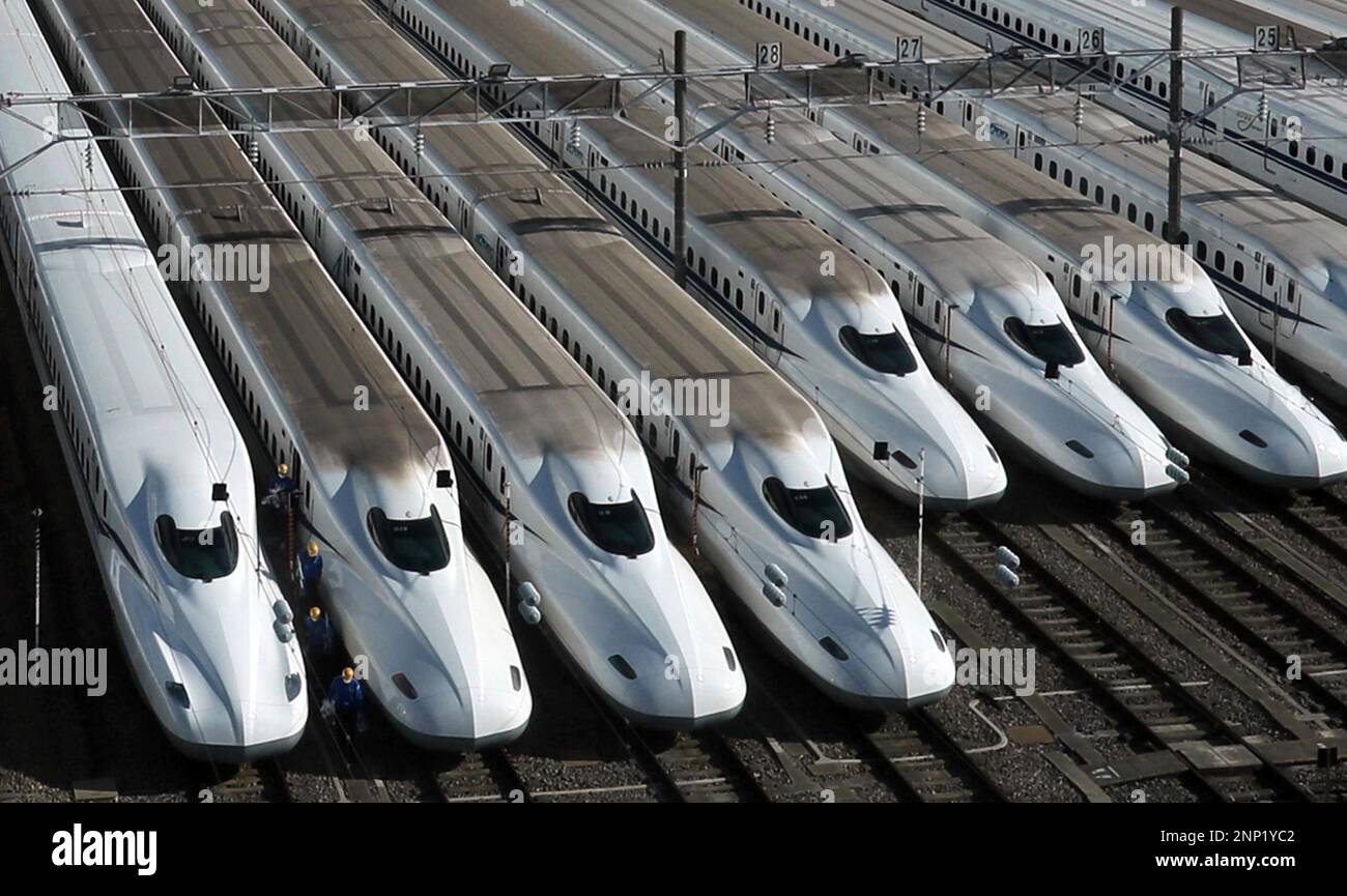 Shinkansen bullet trains are seen at Torikai Rail Yard operated by Central Japan Railway Company ...