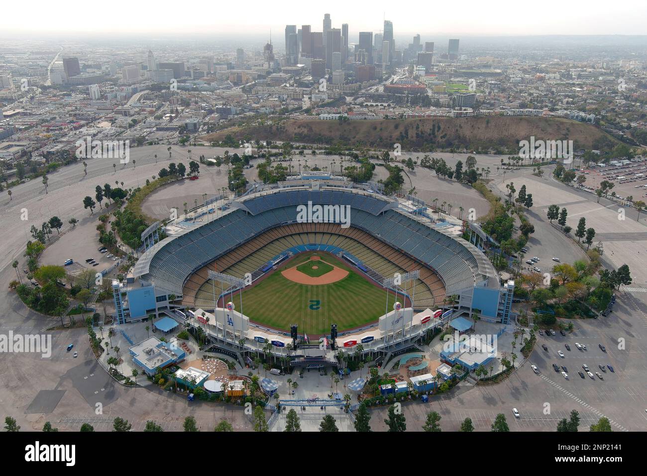 An aerial view of Dodger Stadium with the No. 2 in centerfield to honor ...