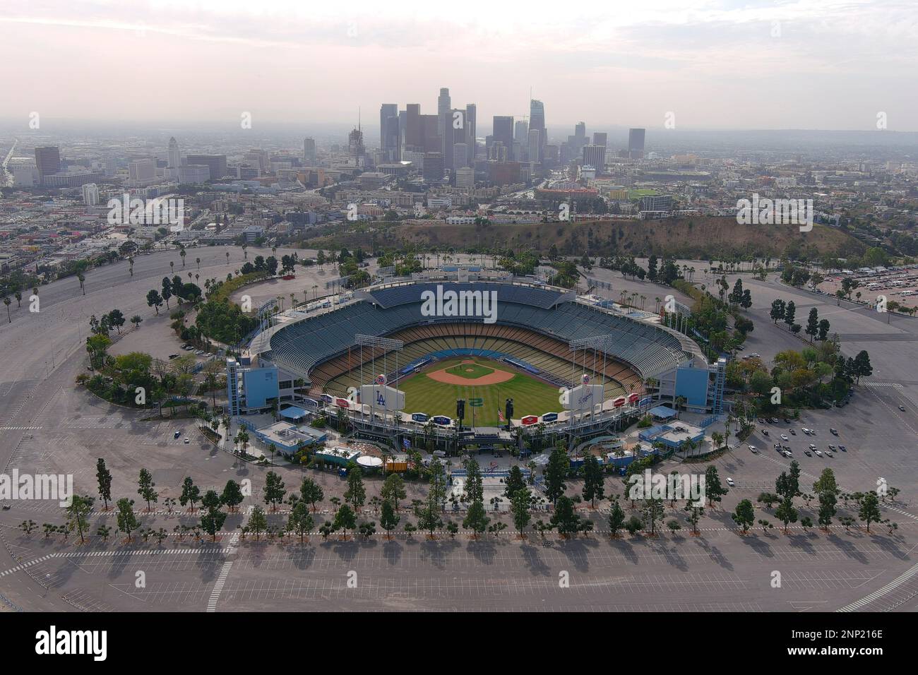 An aerial view of Dodger Stadium with the No. 2 in centerfield to honor ...