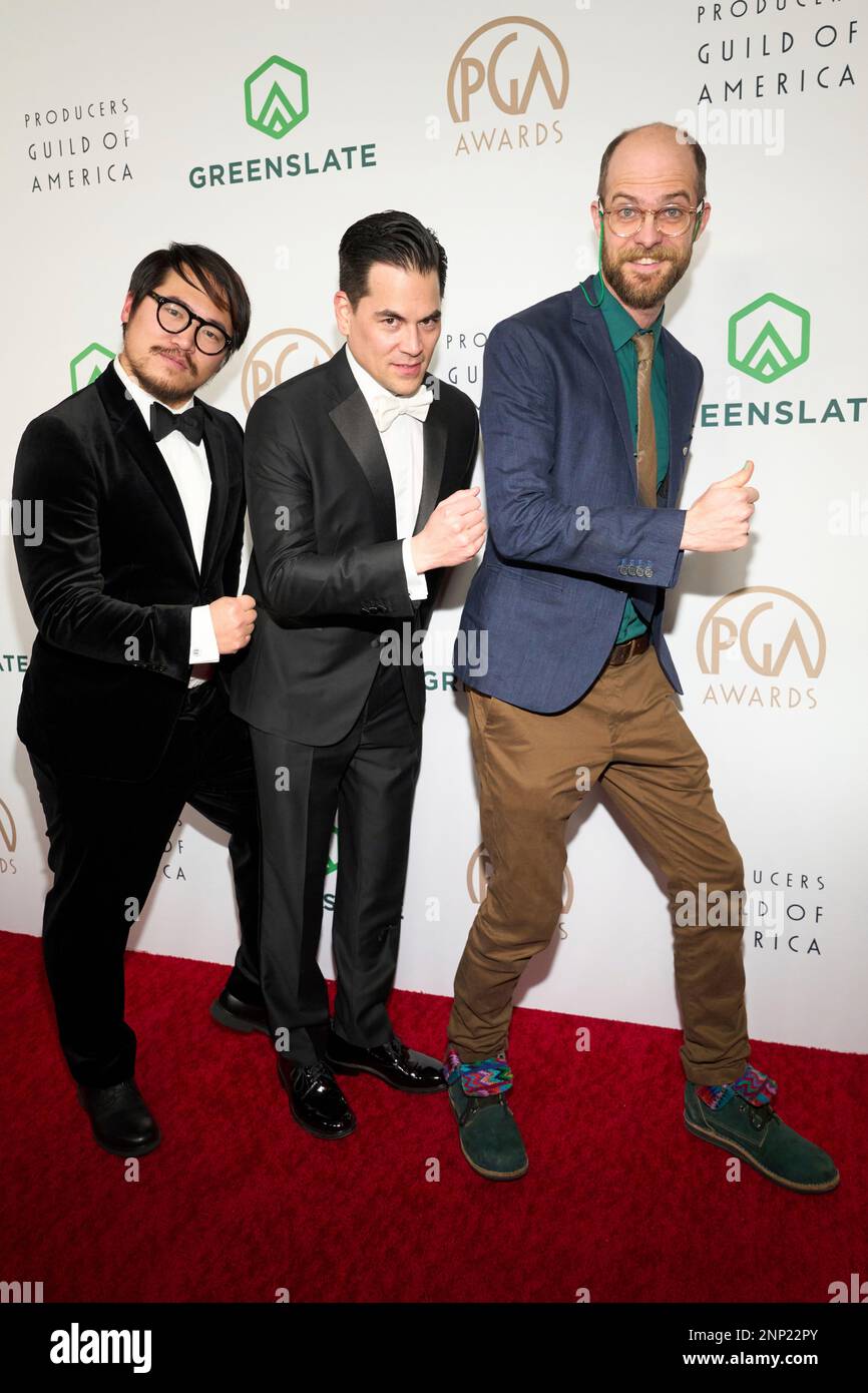 Daniel Kwan, from left, Jonathan Wang, and Daniel Scheinert arrive at ...