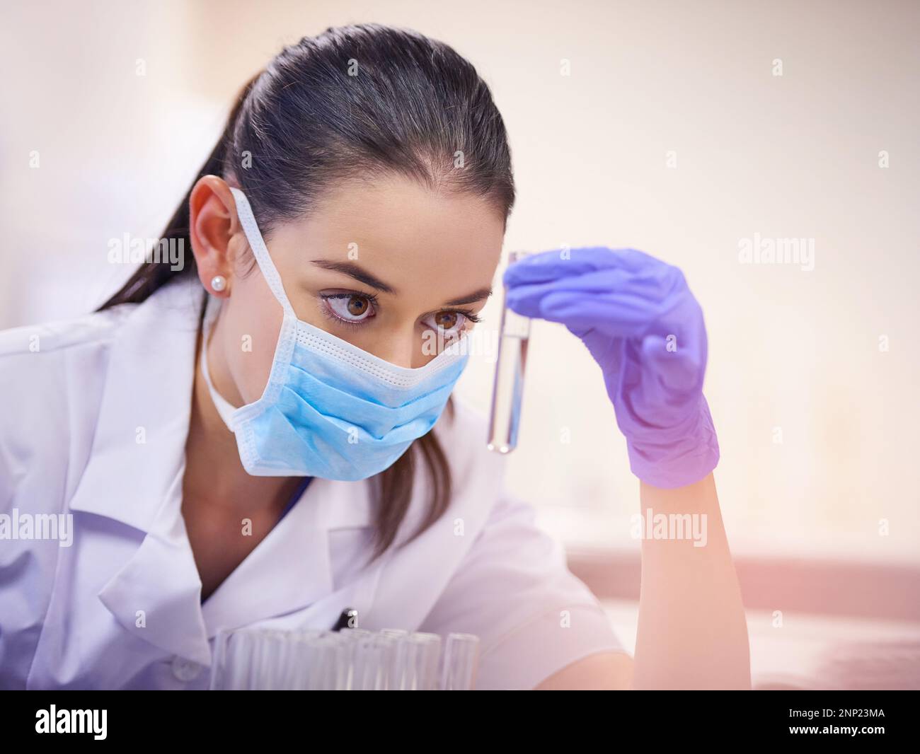 Focused on finding a cure. a young scientist examining liquid in a test ...