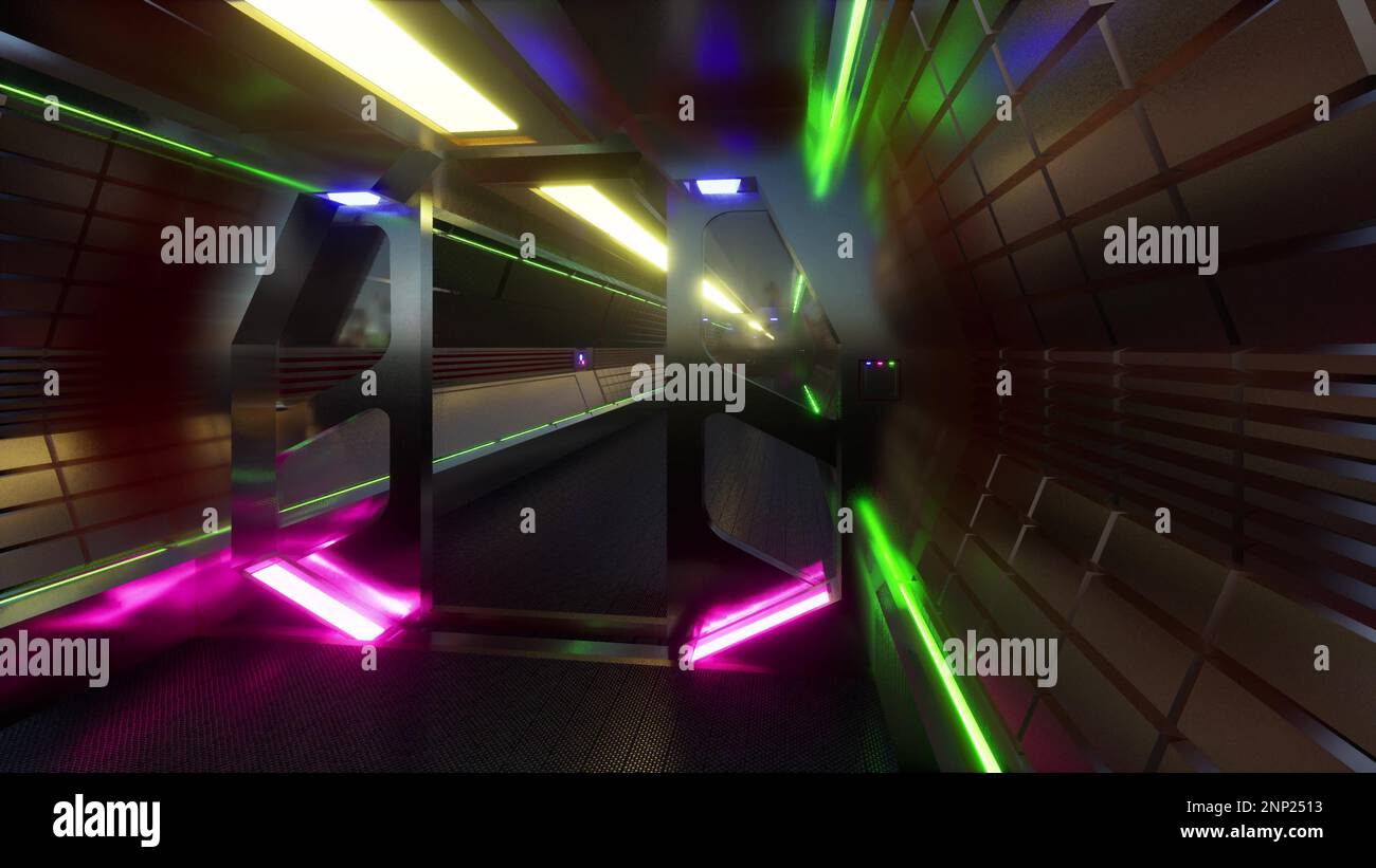 Futuristic spaceship corridor sci fi open door 3d render Stock Photo ...
