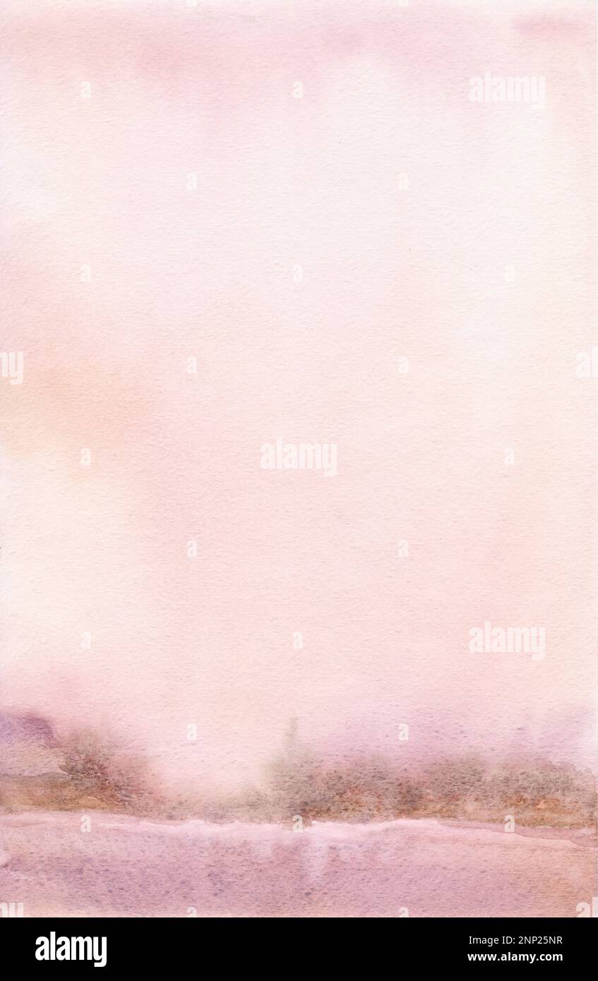 River and forest in a milky pink mist. Watercolor hand drawn horizontal ...