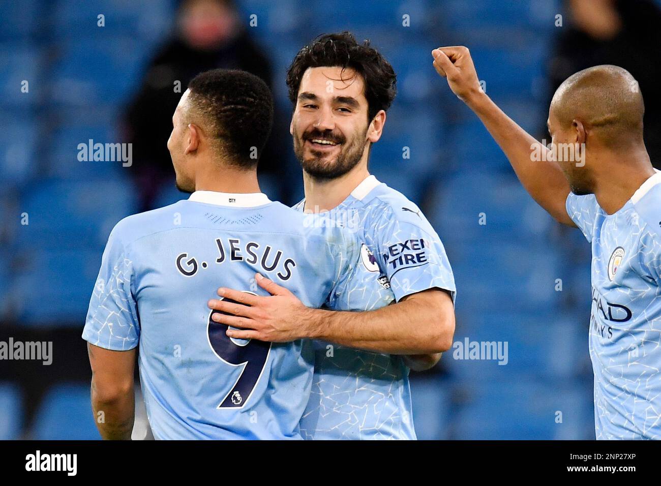 Manchester City's Ilkay Gundogan, centre, celebrates with Gabriel Jesus ...