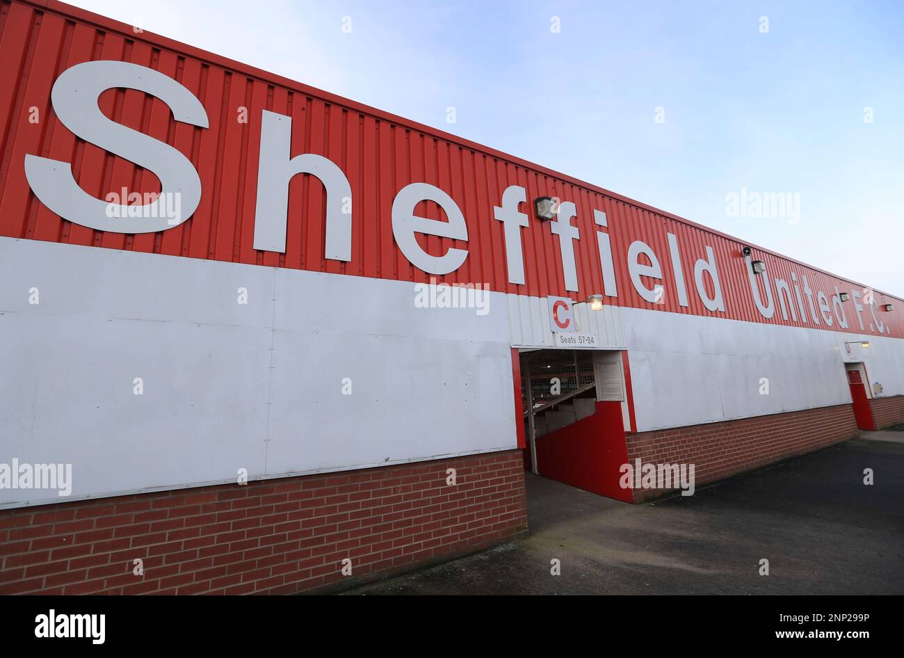 General view of a Sheffield United FC sign on the outside of the ground ...
