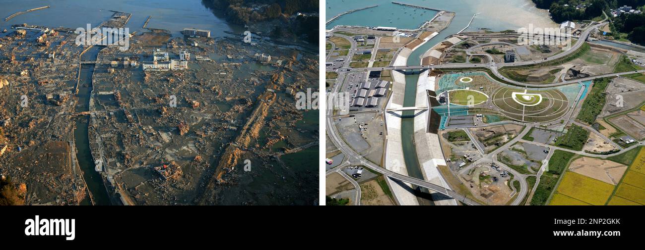 An aerial combination photo shows a tsunami-hit Minami-Sanriku ( left ...