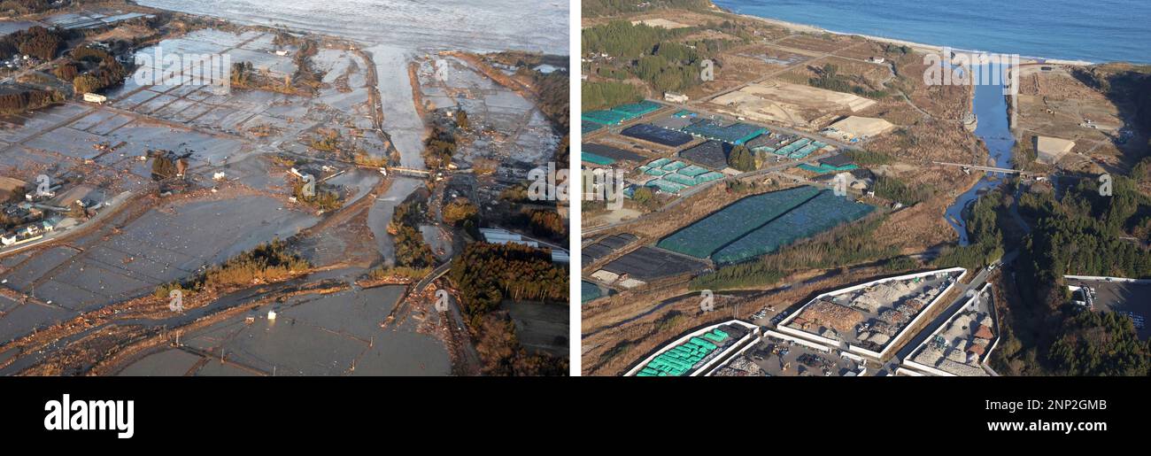 An aerial combination photo shows a tsunami-hit Okuma ( left, March 11 ...