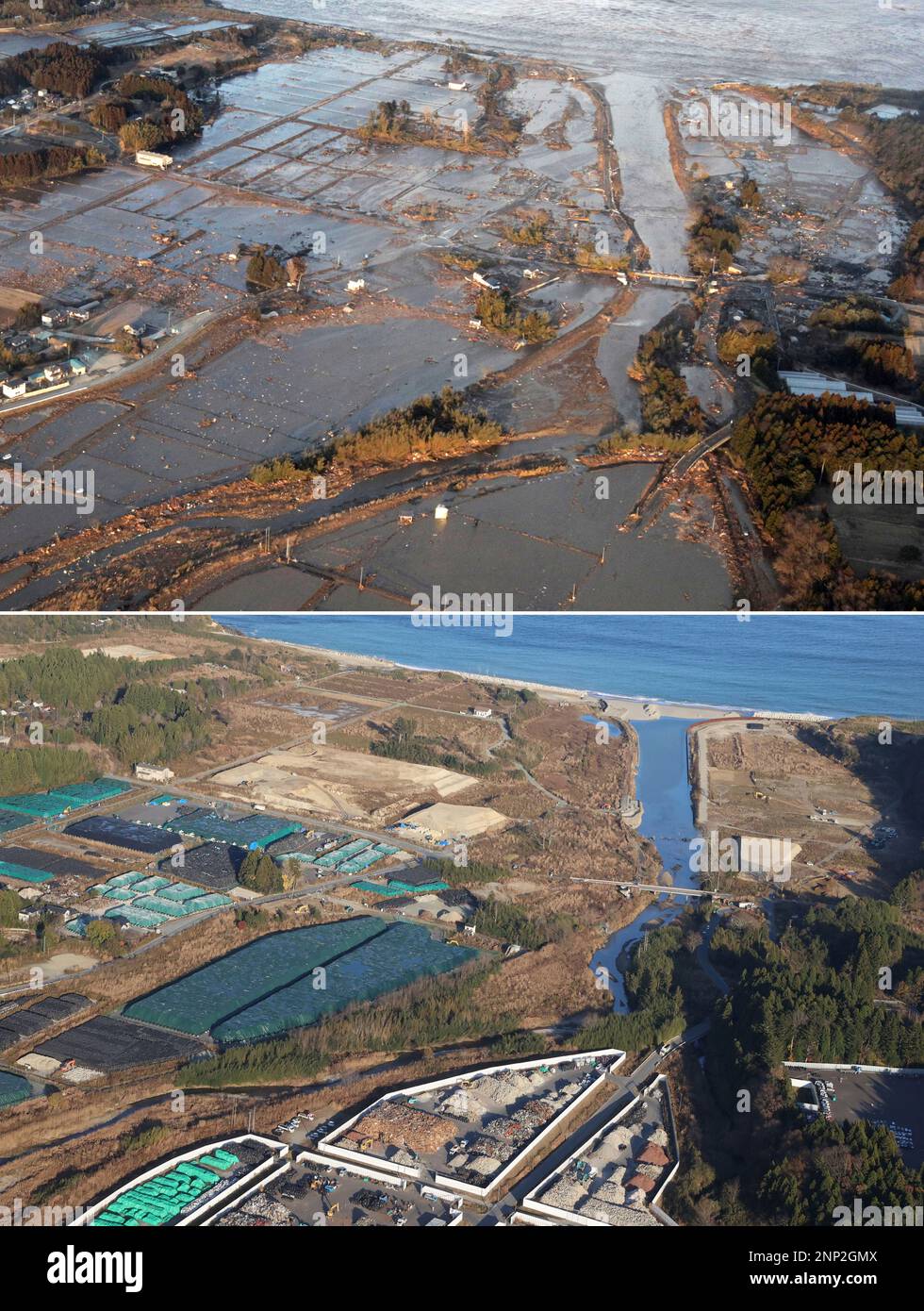 An aerial combination photo shows a tsunami-hit Okuma ( above, March 11 ...