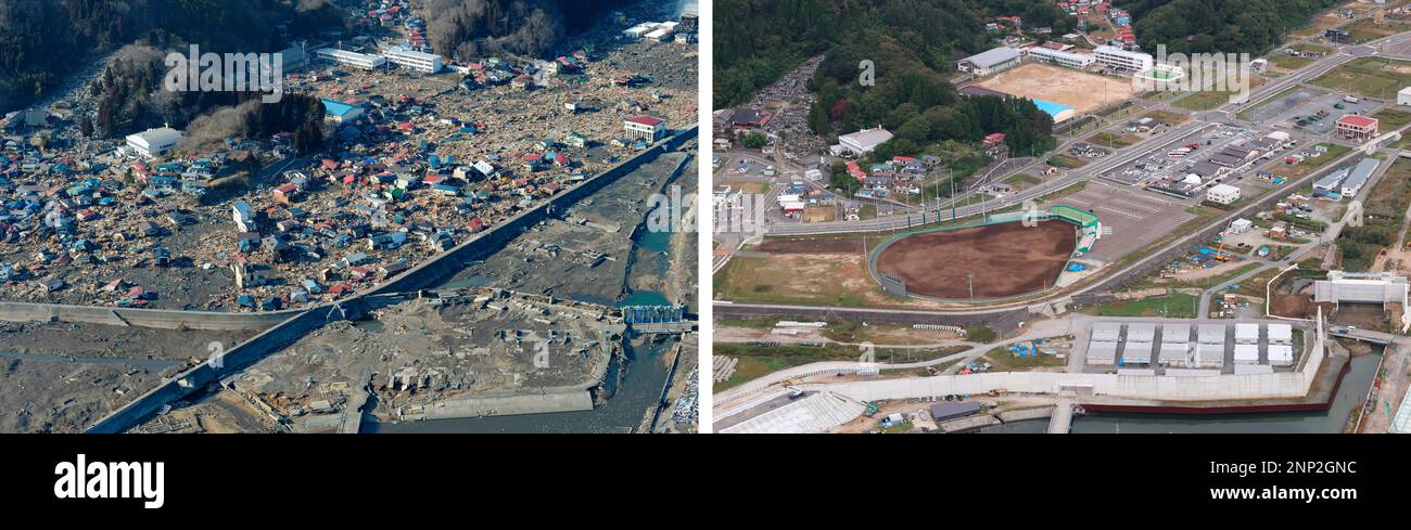 An aerial combination photo shows a tsunami-hit Taro district ( left ...