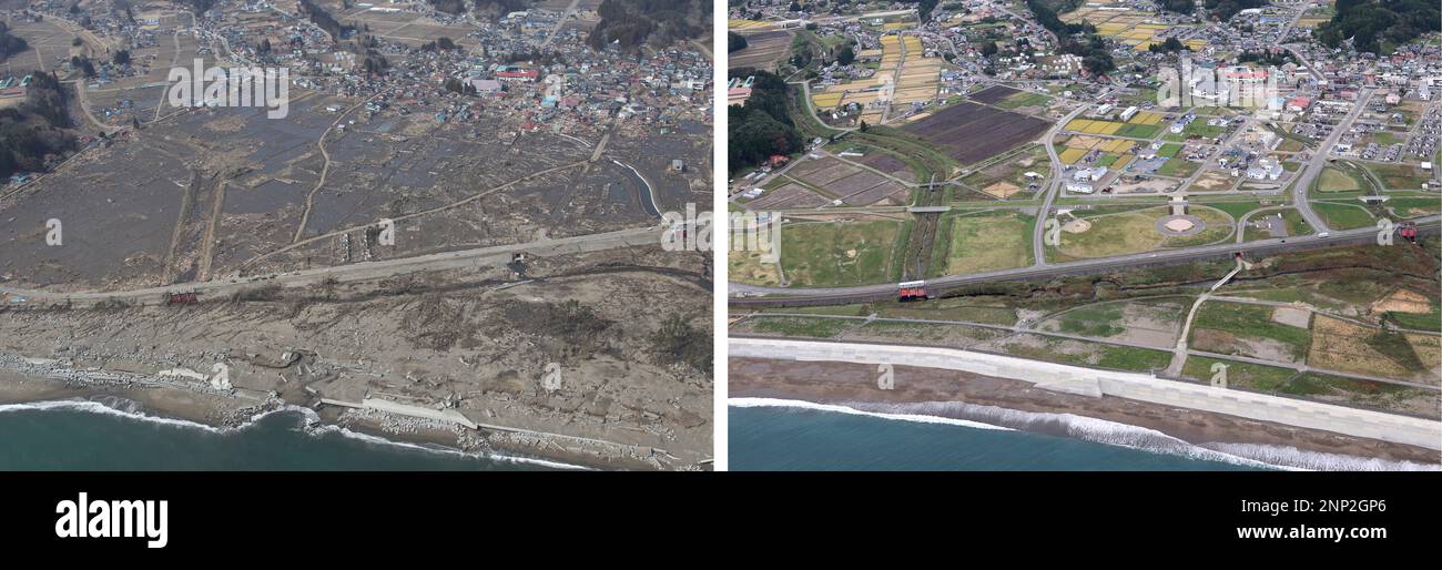 An aerial combination photo shows a tsunami-hit Nodamura village ( left ...