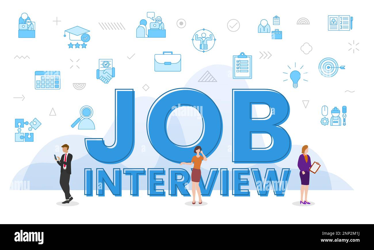 job interview concept with big words and people surrounded by related ...