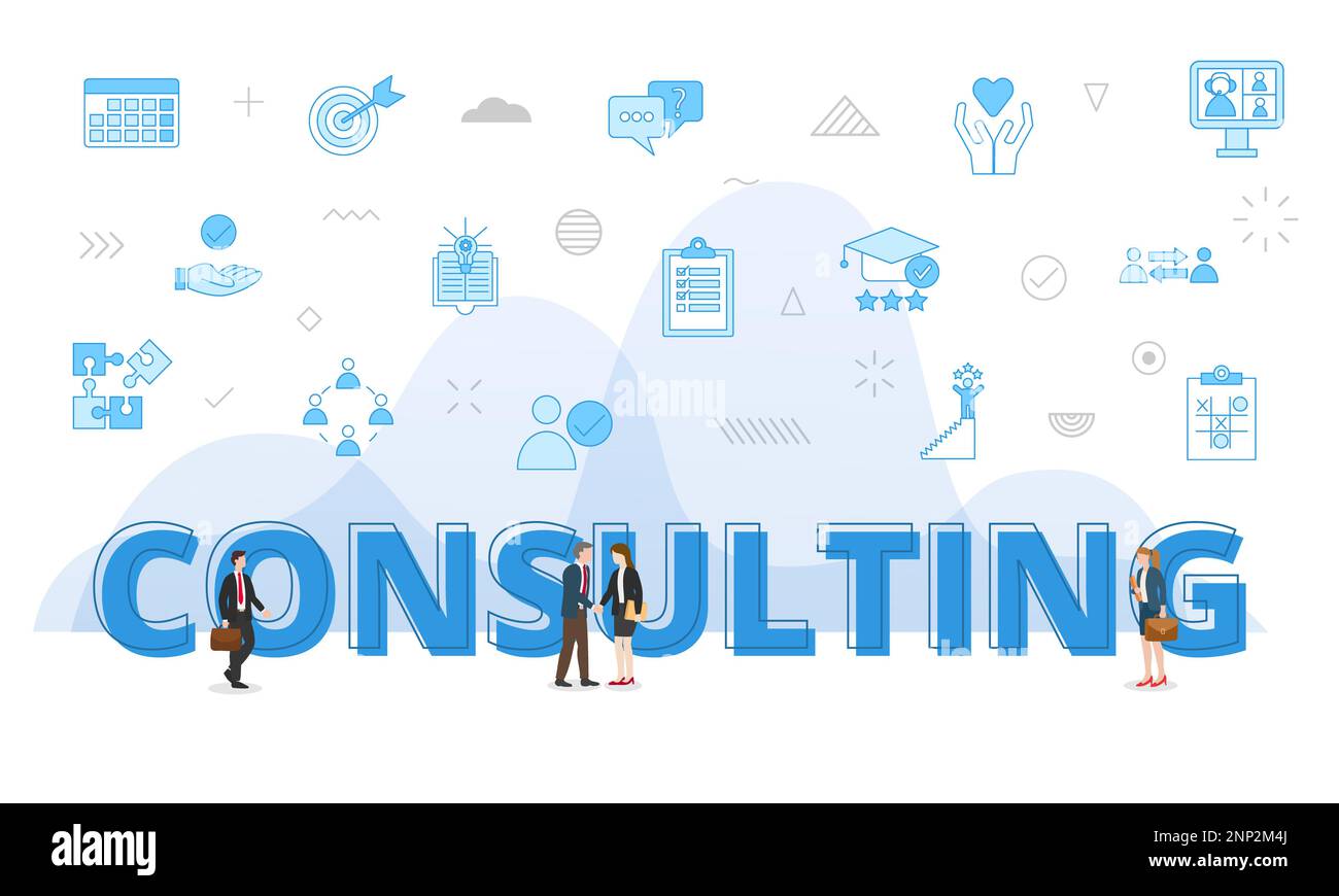 consulting concept with big words and people surrounded by related icon ...