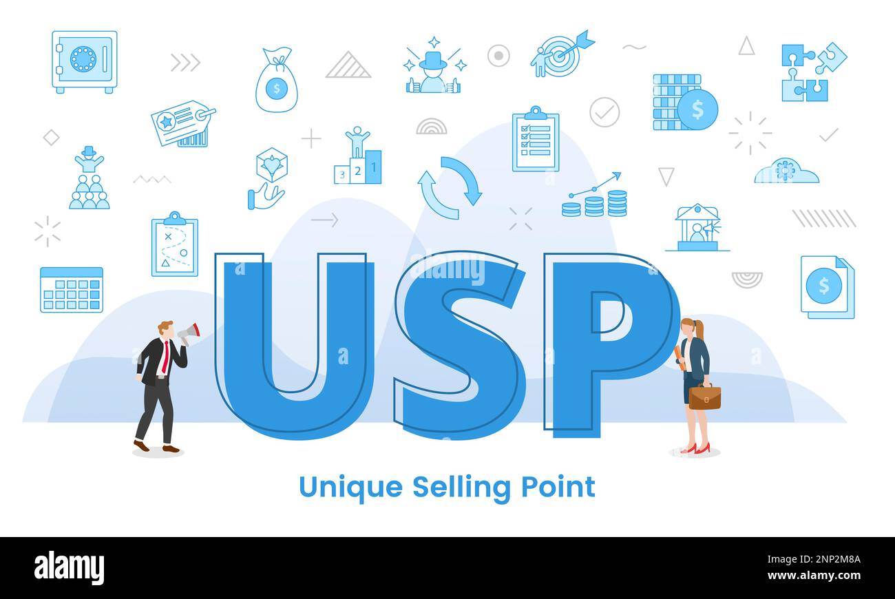 usp unique selling point concept with big words and people surrounded ...