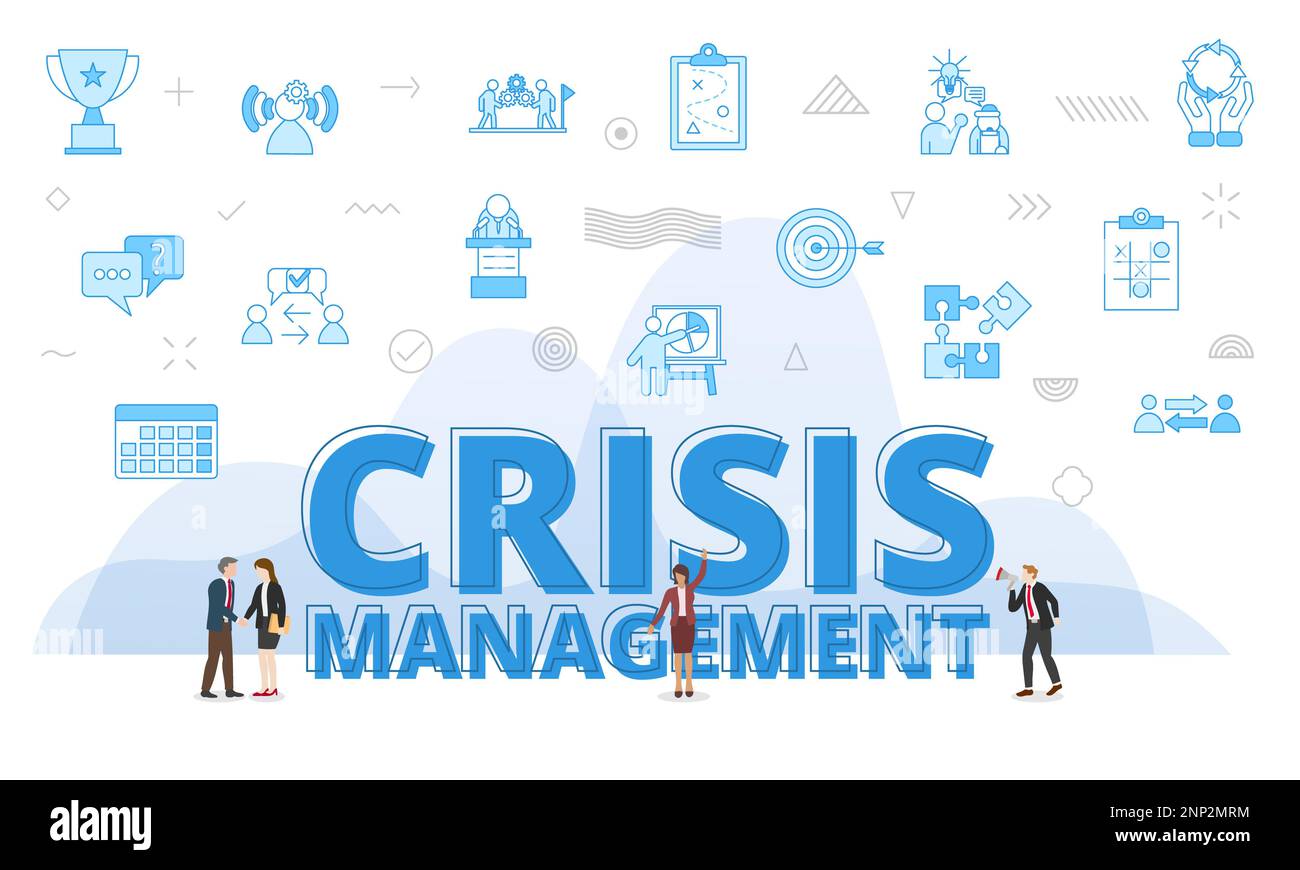 crisis management concept with big words and people surrounded by ...