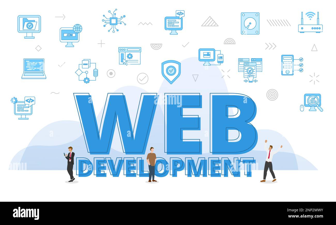web development website concept with big words and people surrounded by ...