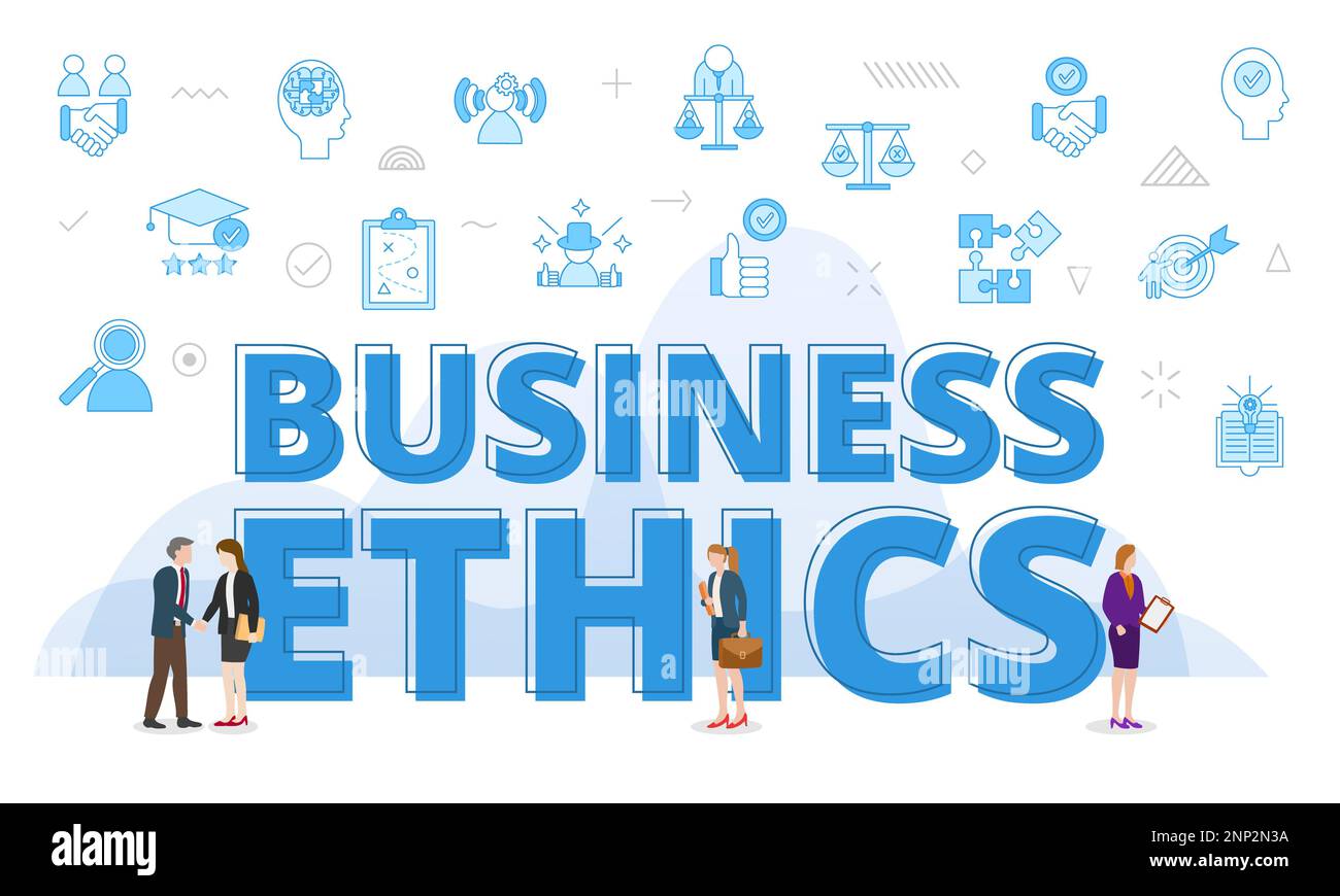 business ethics concept with big words and people surrounded by related ...