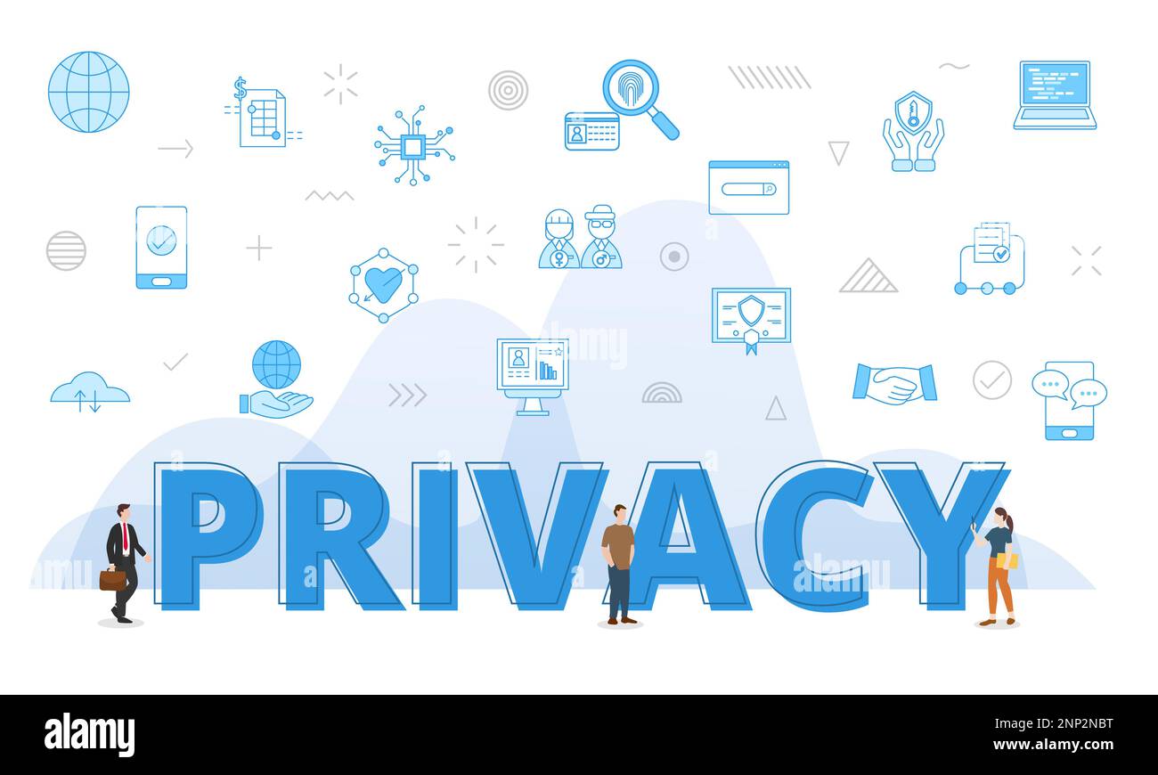 privacy concept with big words and people surrounded by related icon ...