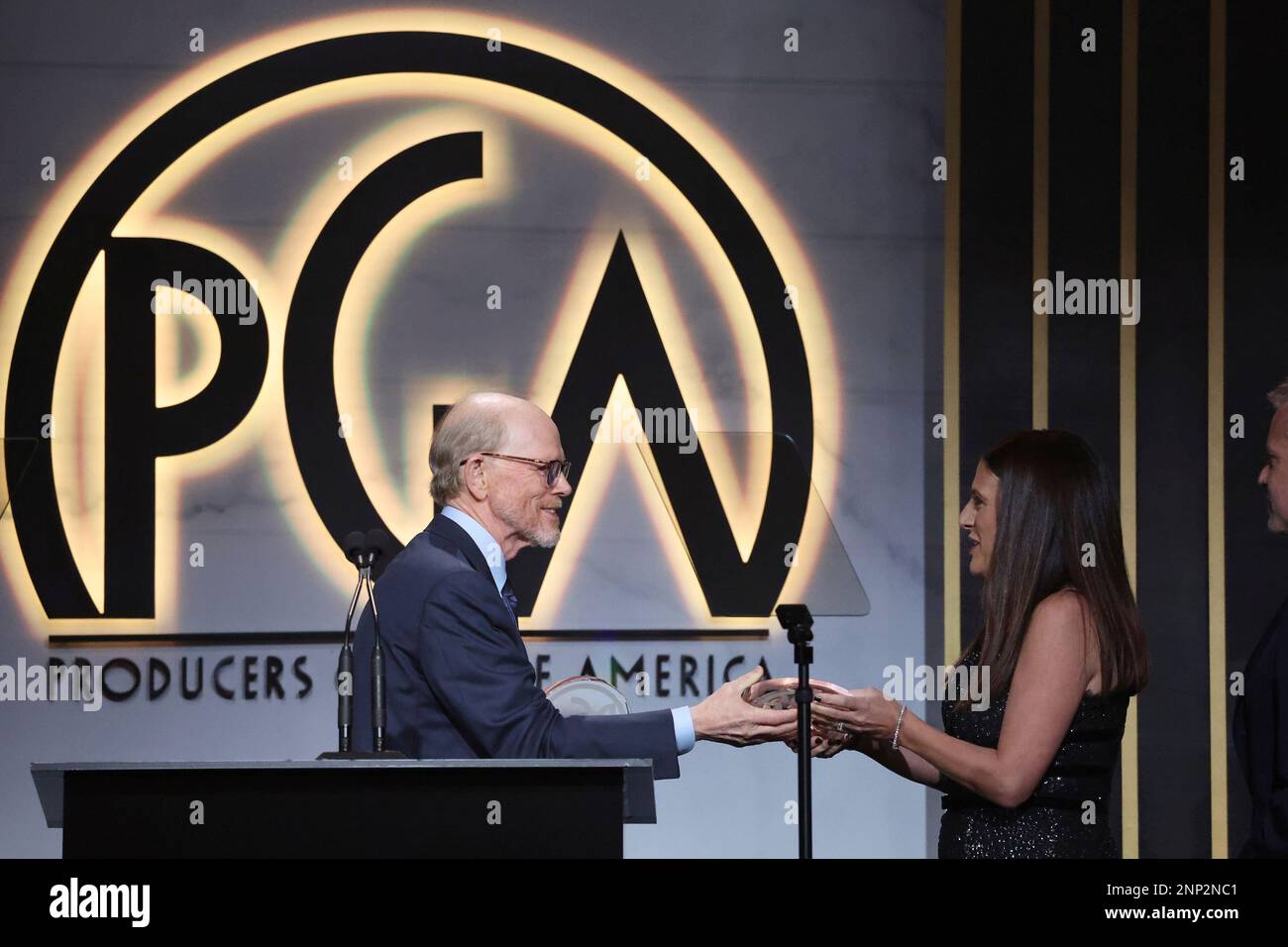 Ron Howard, left, and Pam Abdy on stage at the 34th Annual Producers ...