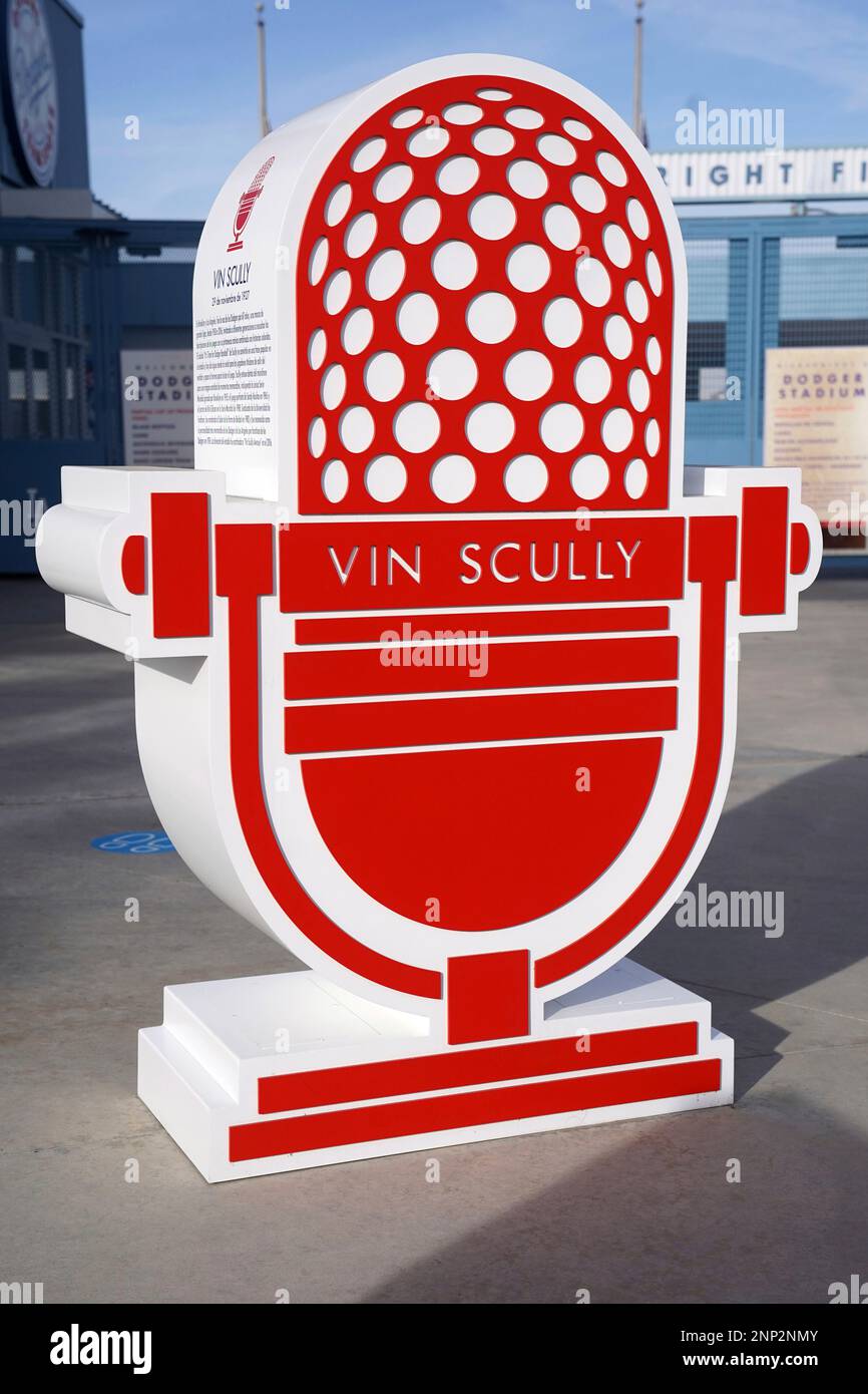 The microphone of Los Angeles Dodgers broadcaster Vin Scully at the ...