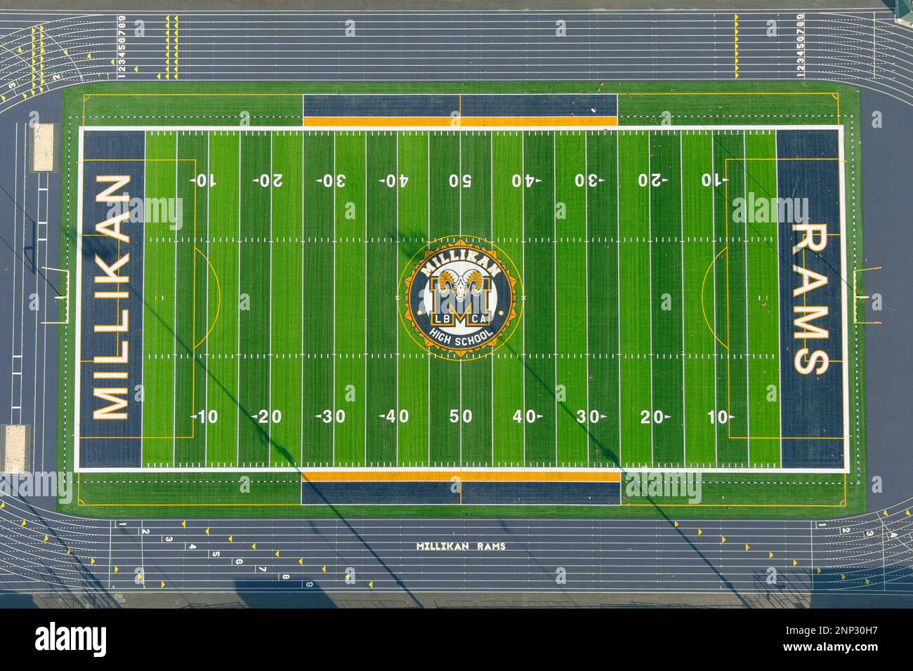 An aerial view of the Rams mascot logo at midfield at DeHaven Stadium ...