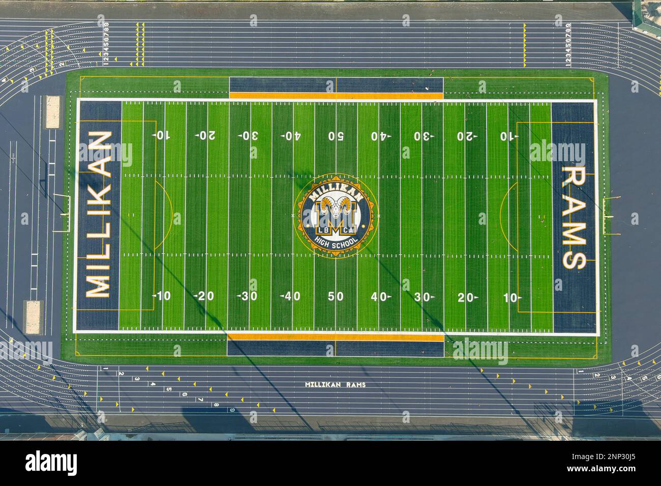 An aerial view of the Rams mascot logo at midfield at DeHaven Stadium ...