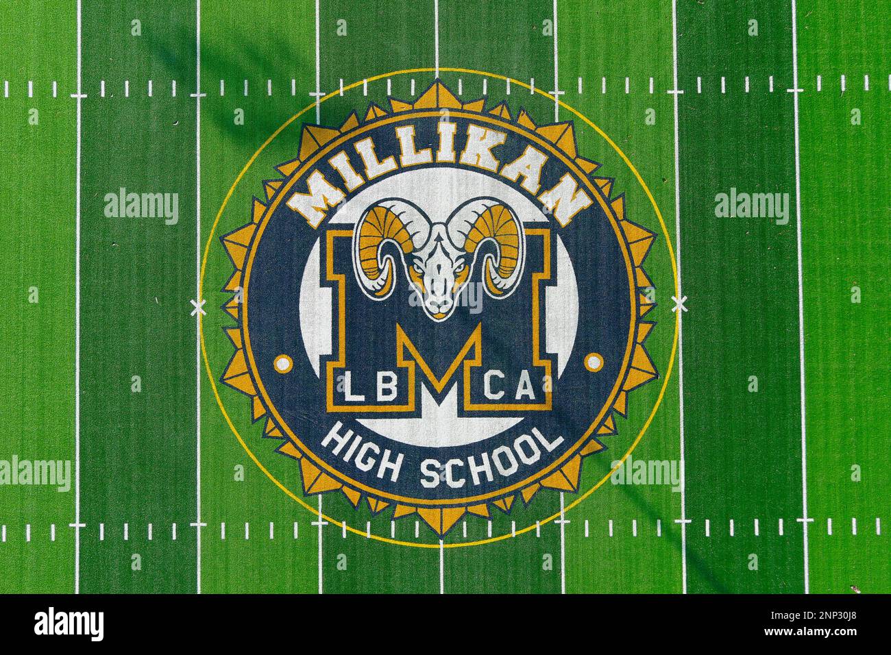 An aerial view of the Rams mascot logo at midfield at DeHaven Stadium ...