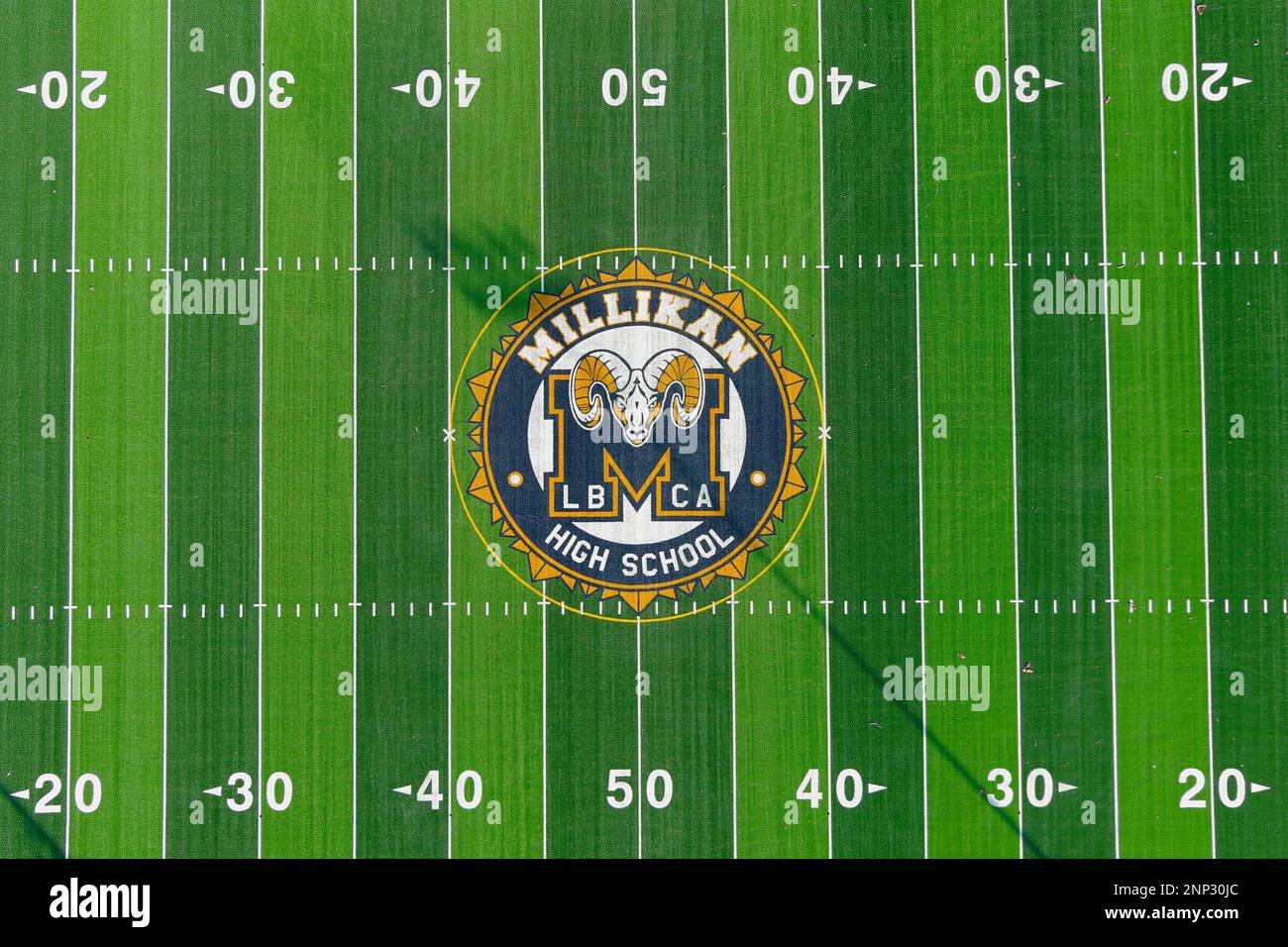 An aerial view of the Rams mascot logo at midfield at DeHaven Stadium ...