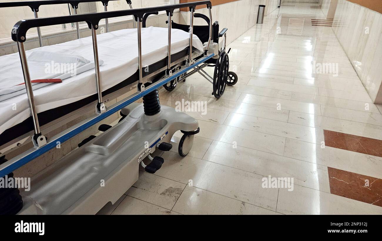 Empty hospital stretcher and wheelchair after the patient dies from ...